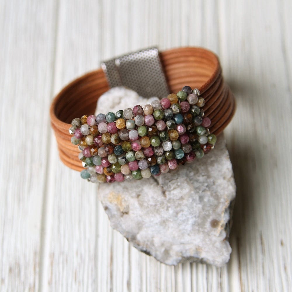 Multi Colored Tourmaline Hand Stitched Leather Cuff – Dandelion Jewelry