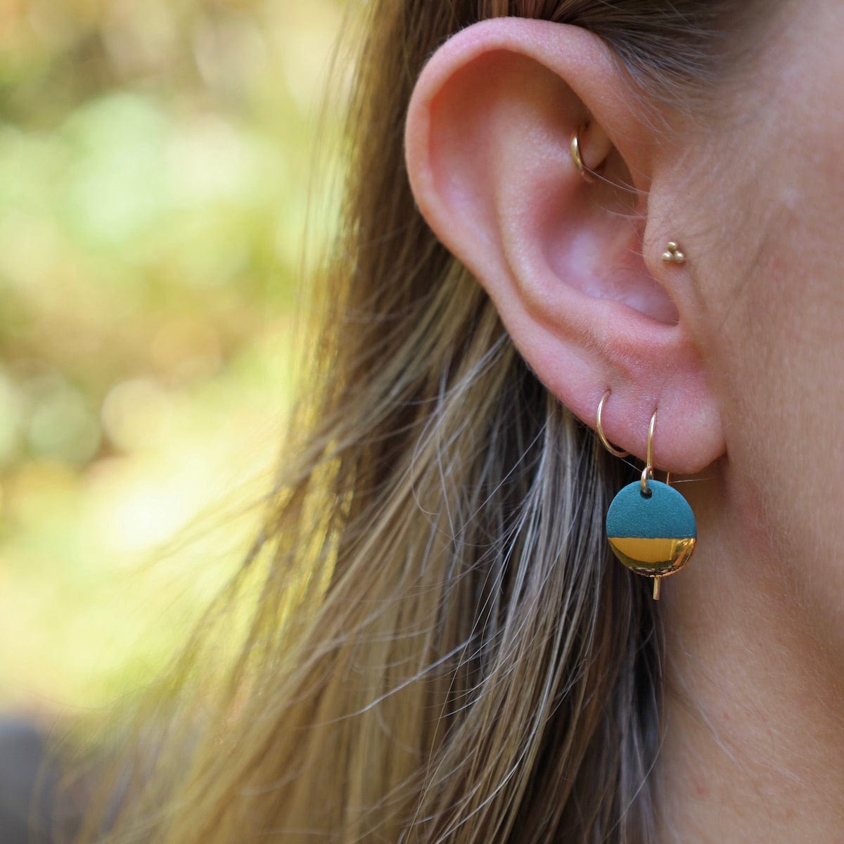 Teal Gold Dipped Circle Drop Earrings – Dandelion Jewelry