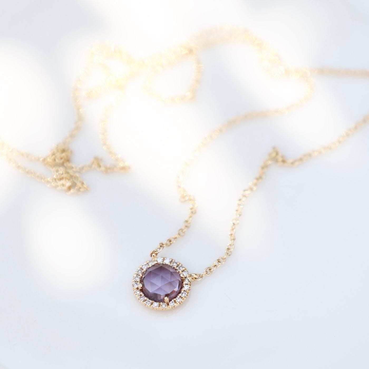 14k Gold 5mm Rose Cut Amethyst with White Diamond Halo Necklace ...