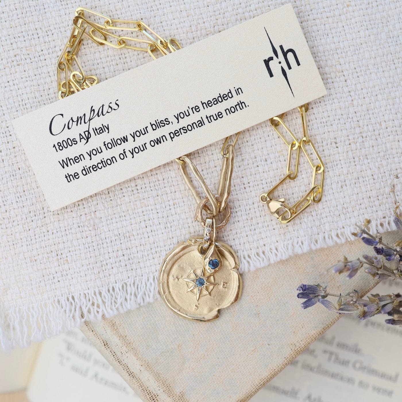 14k Yellow Gold Compass & Paperclip Necklace with Montana Sapphire ...