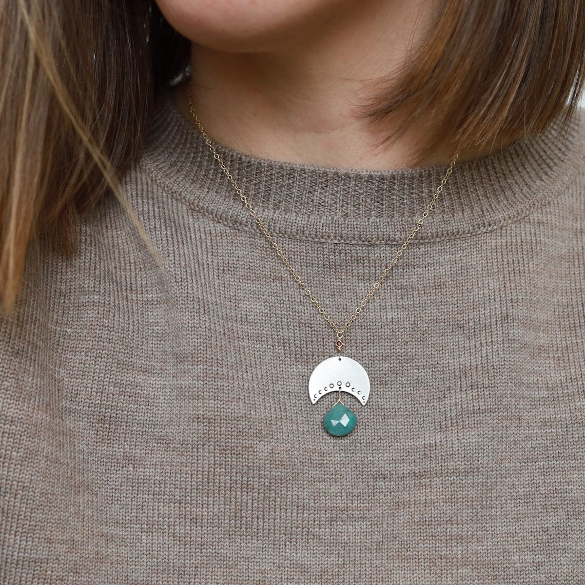 Crescent Shield Pendant with Chrysocolla – Dandelion Jewelry