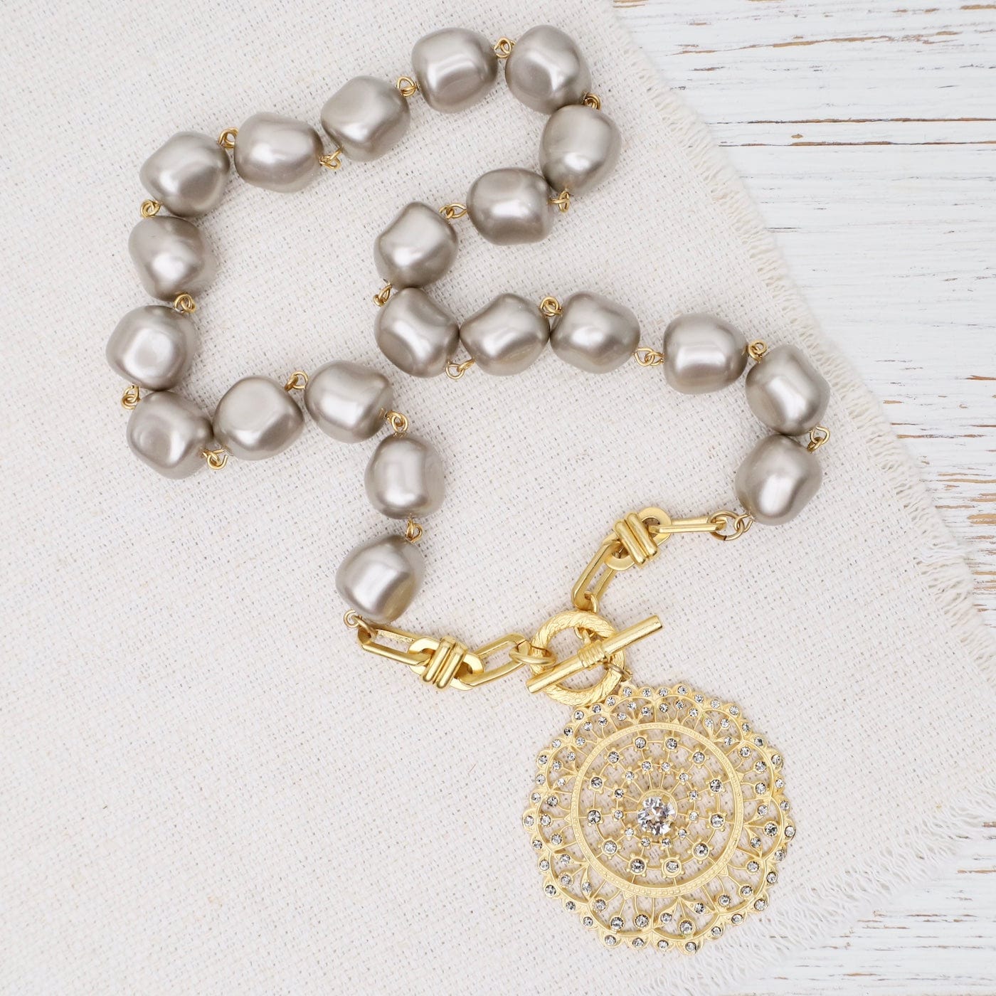 Grey Glass Pearl Necklace with Crystal Medallion – Dandelion Jewelry