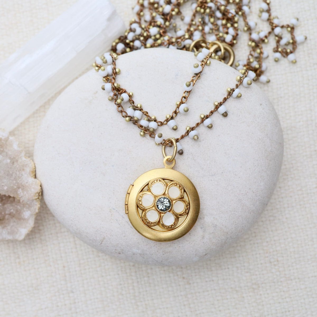 White Enamel Flower Necklace with Locket Pendant – Dandelion Jewelry
