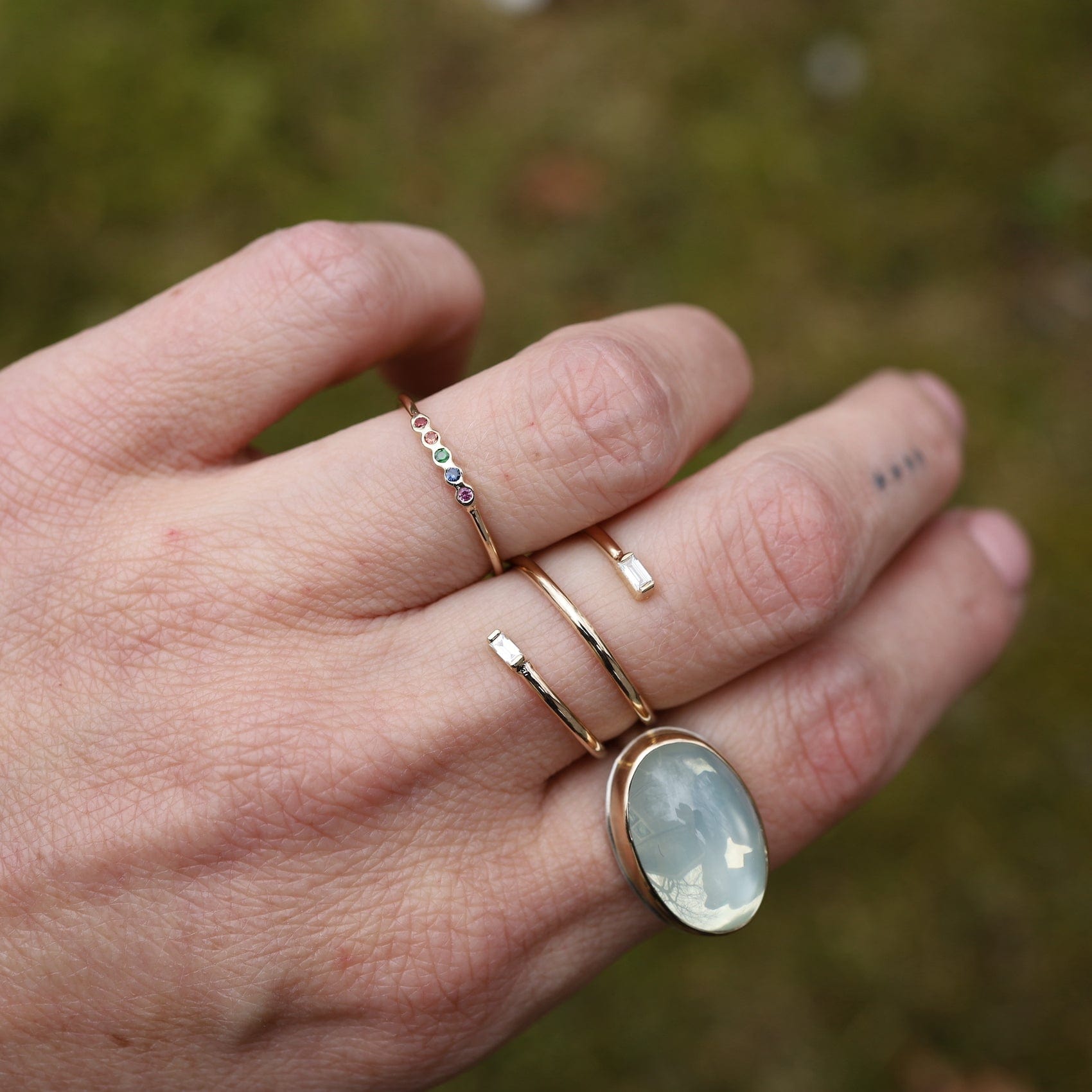 14k Tiny Bezel Set Rainbow Sapphire Ring – Dandelion Jewelry