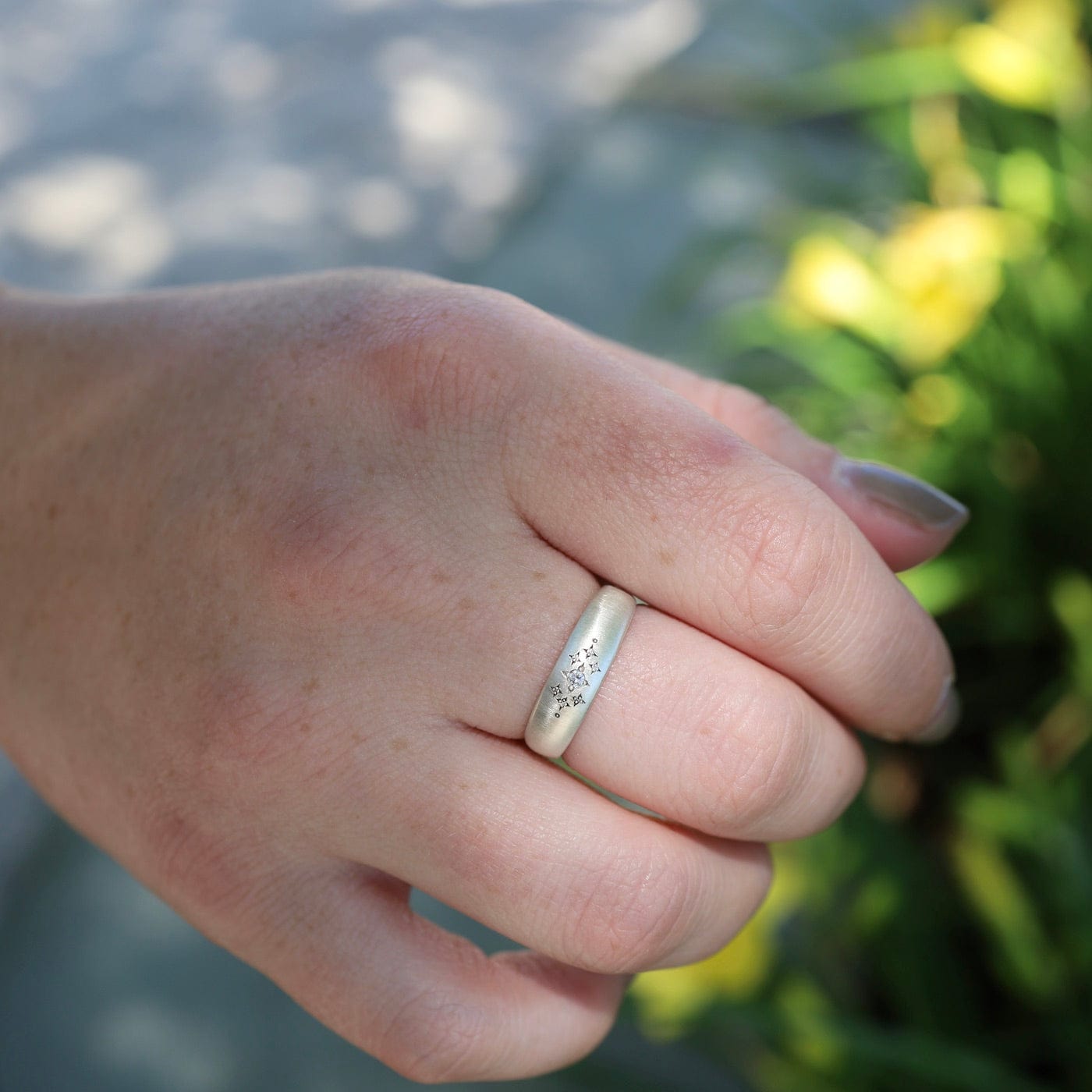 Tapered Silver Moon Band with Etching in Diamond Ring – Dandelion Jewelry